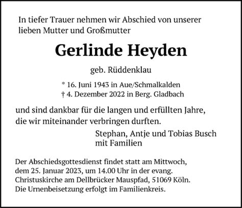 Traueranzeigen Von Gerlinde Heyden Wirtrauern