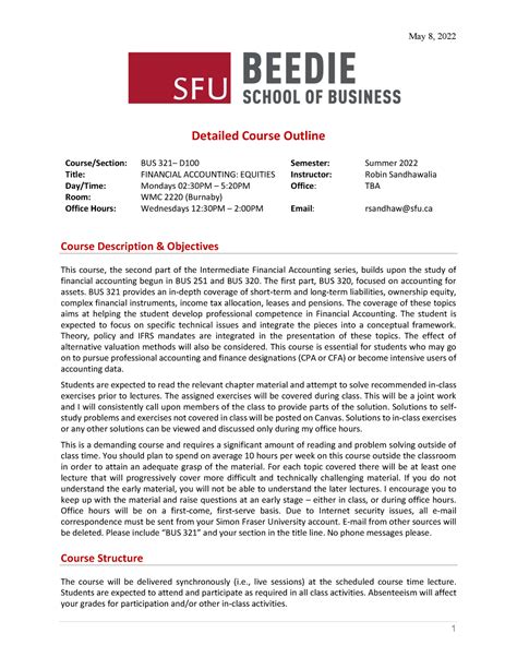 BUS 321 Summer 2022 Detailed Course Outline D100 Detailed Course Outline Course Section BUS