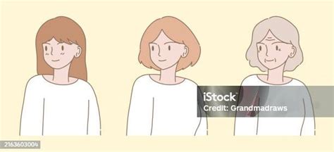 지난 시간을 되돌아 보는 여자 십대에서 노인에 이르기까지 여성의 생애주기 단계 다양한 연령대의 여성 어린이부터 노인까지 여성