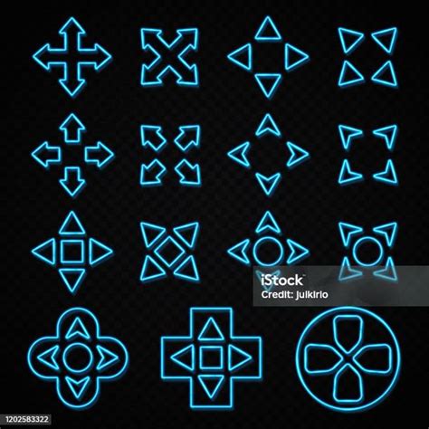 투명 한 배경에 설정 된 네온 게임 기호입니다 파란색 빛 화살표 커서 아이콘입니다 복고풍 80 년대 네온 게임 스타일 게임 패드의 방향 크로스 버튼이 있는 컨트롤러 키 밝은