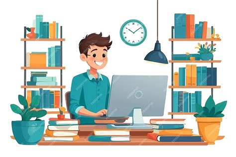 Premium Photo Young Boy Working At Computer Flat Vector Illustration