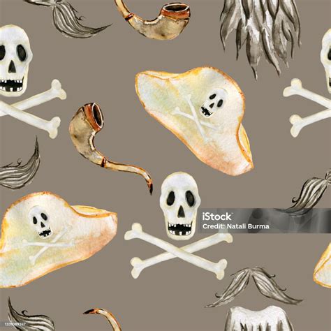 콧수염 수염 흡연 파이프 모자 두개골이있는 해적 세트의 수채화 원활한 배경 그림 인쇄용 그림입니다 티셔츠를 프린트합니다 파티용 샘플입니다 어린이 휴가 장식 귀여운에 대한