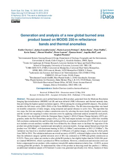 Pdf Generation And Analysis Of A New Global Burned Area Product Based On Modis 250 M