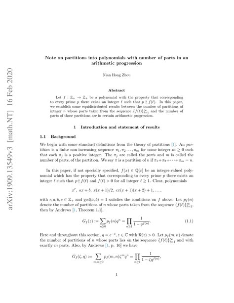 Pdf Note On Partitions Into Polynomials With Number Of Parts In An