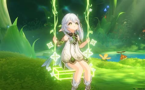 Genshin Impact Beautiful Anime Girl Nahida On Swing In The Forest Hd