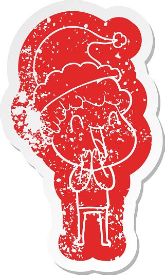 산타 모자를 쓰고 행복한 남자의 기발한 만화 고민 스티커 낙서 드로잉에 대한 스톡 벡터 아트 및 기타 이미지 낙서 드로잉 남자 데칼 Istock