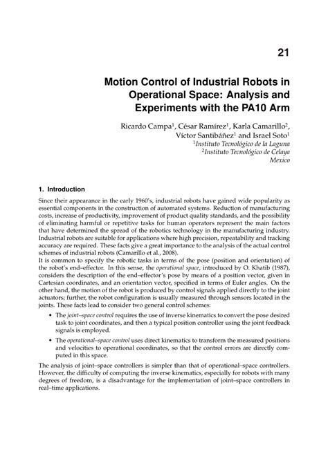 Pdf Motion Control Of Industrial Robots In Operational Space Analysis And Experiments With