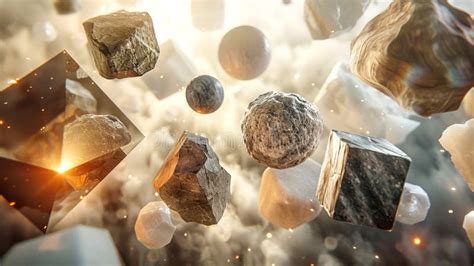Floating Stone Spheres And Geometric Shapes Create An Abstract Composition Filled With Light