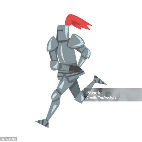 중세 기사 실행 방패와 칼 만화 스타일 벡터 일러스트와 전체 금속 몸 갑옷에 기병 전사 캐릭터 강철에 대한 스톡 벡터 아트 및 기타 이미지 Istock