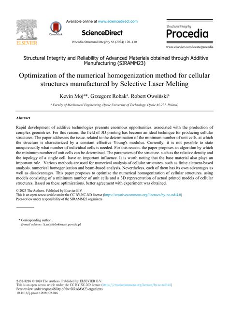 Pdf Optimization Of The Numerical Homogenization Method For Cellular Structures Manufactured