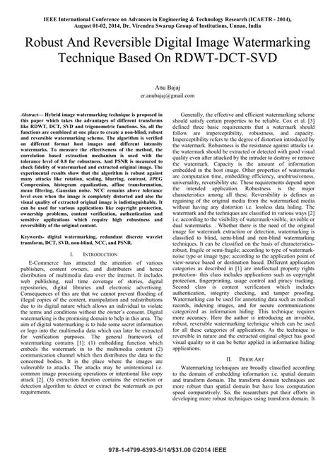 Pdf Robust And Reversible Digital Image Watermarking Technique Based On Rdwt Dct Svd