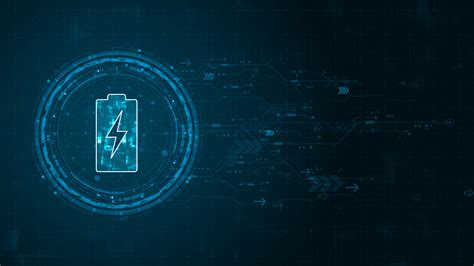 파란색 디지털 배터리 로고와 추상적인 배경에 파워 리저브 개념이 있는 흐르는 화살표가 있는 원형 미래형 Hud 요소 가득 찬에