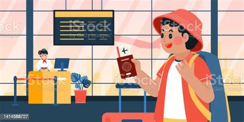 공항 터미널의 체크인 데스크에서 여행 가방과 수하물을 소지 한 남자 출발 등록 벡터 일러스트 레이 션 개념에 대한 스톡 벡터 아트 및 기타 이미지 Istock