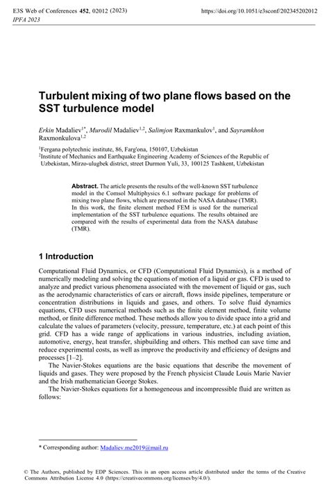 Pdf Turbulent Mixing Of Two Plane Flows Based On The Sst Turbulence Model