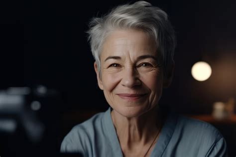 Premium Ai Image Head Shot Portrait Smiling Mature Woman Making Video