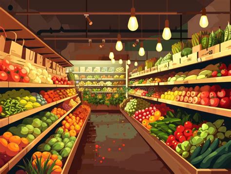 Fruits And Vegetables In Supermarket Cartoon Illustration Of Grocery