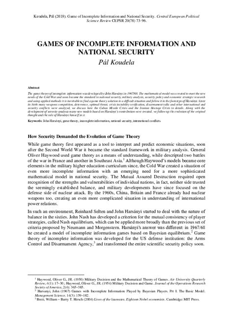 Pdf Games Of Incomplete Information And National Security