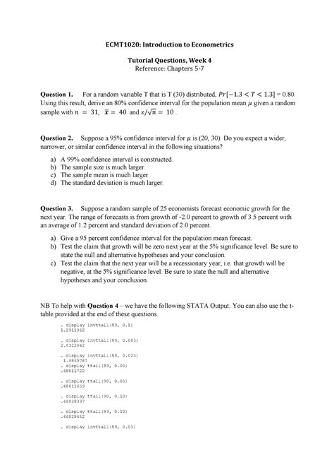 Tutorial Week 4 Ecmt1020 Introduction To Econometrics Tutorial
