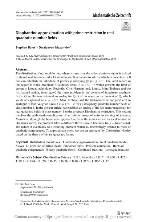 Diophantine Approximation With Prime Restriction In Real Quadratic Number Fields Request Pdf
