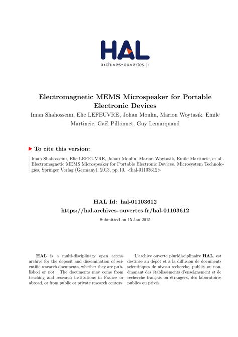 Pdf Electromagnetic Mems Microspeaker For Portable Electronic Devices