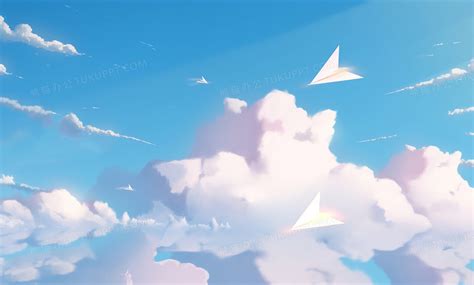 唯美梦幻蓝天白云纸飞机插画图片素材下载 jpg格式 熊猫办公
