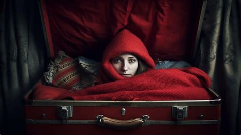 Premium AI Image A Woman In A Red Hat Is Laying In A Red Suitcase