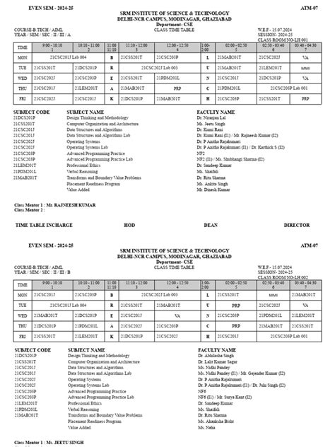 2nd Year 3rd Sem Class Time Table Pdf Algorithms And Data Structures Computing