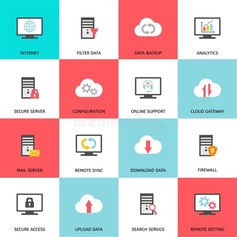 hosting server database and cloud computing icons stock illustration