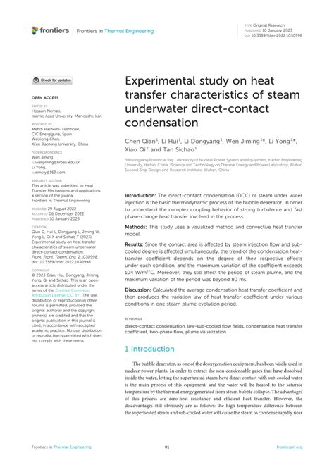 PDF Experimental Study On Heat Transfer Characteristics Of Steam Underwater Direct Contact