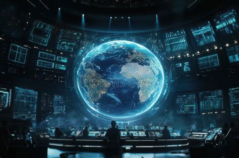 Engineers Working In Global Network Command Center Analyzing Holographic Earth Display Stock