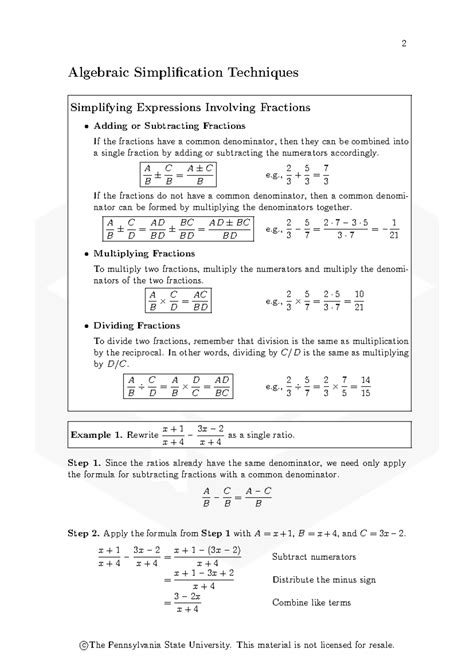 Precalculus Review Algebraic Simplification Techniques Simplifying