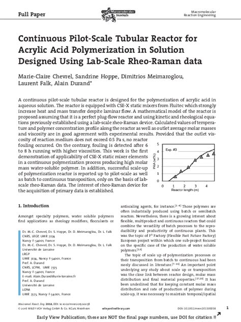 Pdf Continuous Pilot‐scale Tubular Reactor For Acrylic Acid Polymerization In Solution