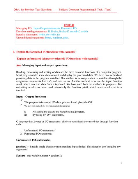 Unit Iiq A Cp C Program Unit Ii Managing Io Input Output Statements Formatted Io