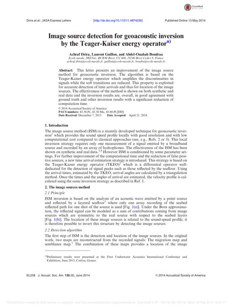 Pdf Image Source Detection For Geoacoustic Inversion By The Teager Kaiser Energy Operator