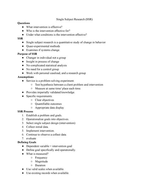 Single Subject Research Outline Single Subject Research Ssr Questions What Intervention Is