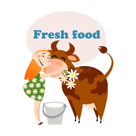 Boerenmeisje Knuffelt Haar Koe Voordat Ze Het Melkt Vector Illustratie Illustration Of Lokaal