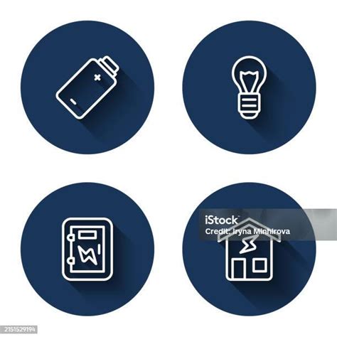 세트 라인 배터리 충전 크리에이티브 램프 조명 아이디어 전기 패널 및 긴 그림자가 있는 스마트 홈 파란색 원 버튼 벡터 개념에