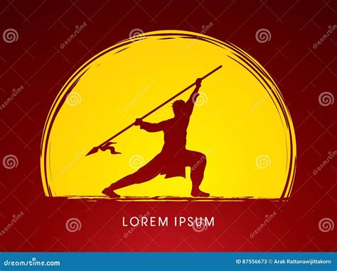 Kung Fu Wushu With Spear Pose Stock Vector Illustration Of