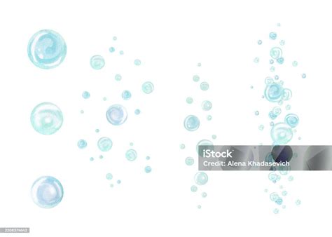 다양한 크기와 색조의 청록색과 푸른 물방울이 깊은 곳에서 혼돈의 순서로 솟아오릅니다 수채화 일러스트 세트는 해상 및 해양 디자인을 위해 배경에서 격리 된 손으로 그린