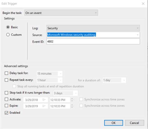 windows 10 task scheduler event based trigger active within certain
