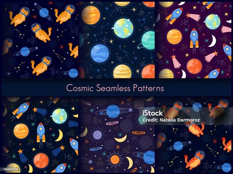 우주 우주 원활한 패턴 인쇄 디자인 세트 만화 우주 우주 탐사 개체 그룹에 대한 스톡 벡터 아트 및 기타 이미지 개체 그룹 귀여운 달 하늘 Istock