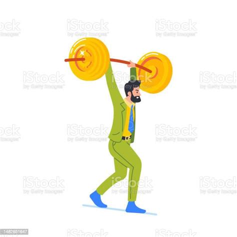 남성 비즈니스 캐릭터는 확신을 가지고 무거운 황금 바벨을 들어 올려 재정적 규율을 보여줍니다 개념에 대한 스톡 벡터 아트 및 기타 이미지 Istock