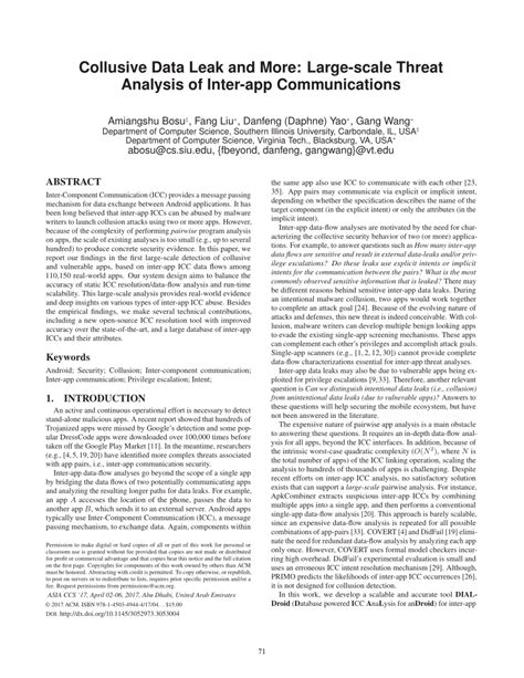 Pdf Collusive Data Leak And More Large Scale Threat Analysis Of Inter App Communications
