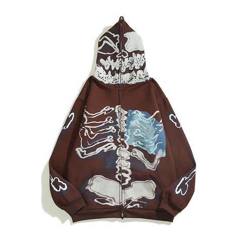 Skeleton Print Zipper Loose Hooded Sweatshirt Skeleton Hoodie Brown