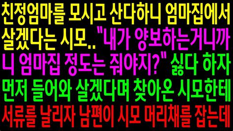 실화사연친정엄마를 모시고 살자하니 엄마집에서 살겠다는 시모싫다하자 먼저 들어와 살겠다는 시모한테 서류를 날리자 남편이 시모 머리채를 신청사연 사이다썰 사연