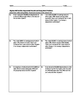 Algebra Skill Builder Exponential Growth And Decay Word Problems
