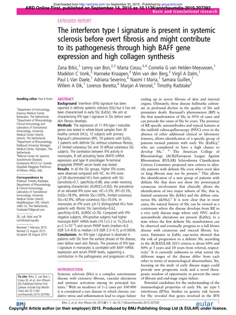 Pdf The Interferon Type I Signature Is Present In Systemic Sclerosis Before Overt Fibrosis And