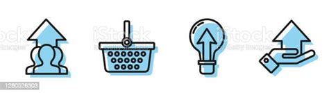 세트 라인 전구 성장 차트 및 사람들의 군중 쇼핑 바구니 및 돈 아이콘의 진행 상황을 설정합니다 벡터 남자에 대한 스톡 벡터