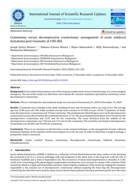 Pdf Craniotomy Versus Decompressive Craniectomy Management Of Acute Subdural Hematoma Post