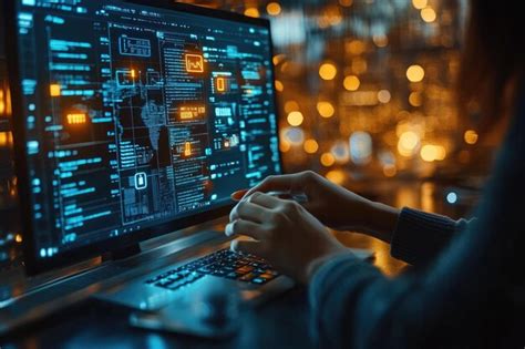 Software Developer Working On Computer With Abstract Program Code At